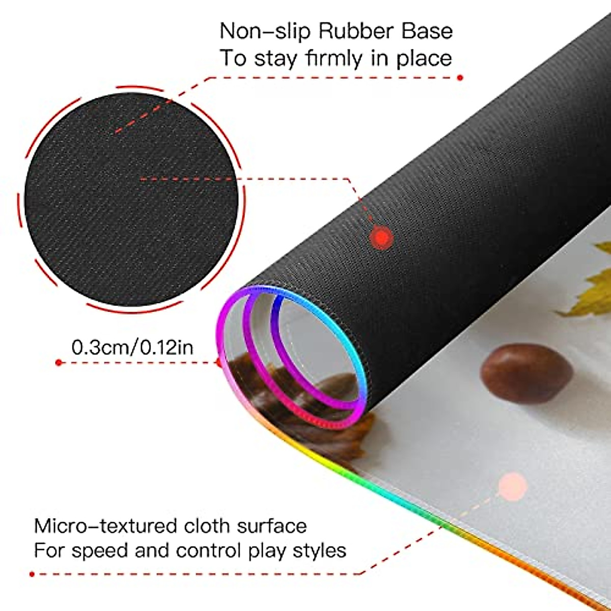 Large RGB Gaming Mouse Pad Autumn Falling Leaves Chestnuts Acorns Isolated Glowing Extended Mousepad 31.5x11.8in, Soft Anti-Slip Rubber Base Luminous Mouse Mat for Pc Laptop, Gaming, Office, Home