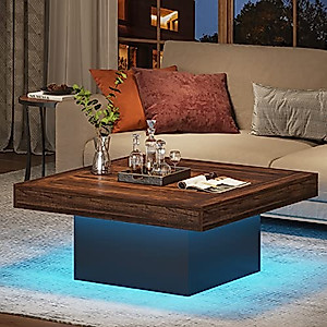 Tribesigns Farmhouse Coffee Table Square LED Coffee Table Engineered Wood Coffee Table for Living Room Rustic Brown & Black Low Coffee Table