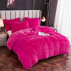 Yaoshuho Plush Fluffy Duvet Cover Queen Size Luxury Ultra Soft Shaggy Duvet Cover Set Faux Fur Comforter Bedding Set(1 Duvet Cover + 2 Pillow Shams), Hot Pink