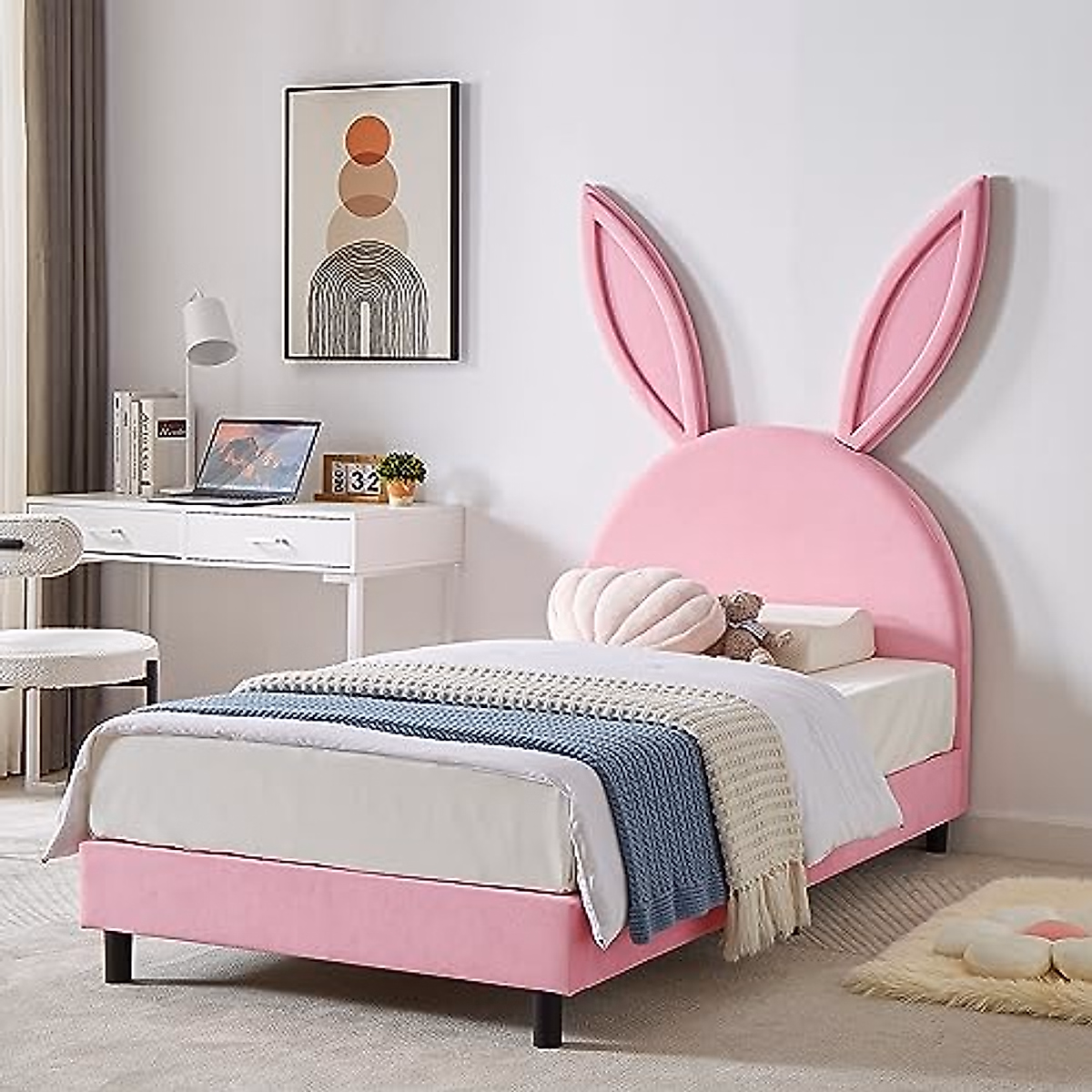 VECELO Kids Twin Bed Frame with Upholstered Headboard, Princess Beds for Girls, 12 Wooden Slats Support, No Boxing Spring Needed