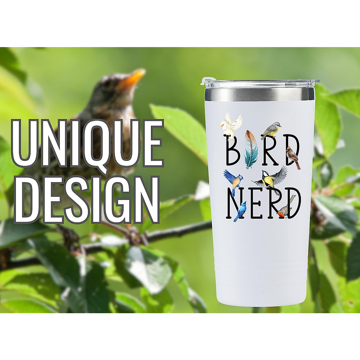 Onebttl Bird Watching Gifts, Bird Watching Tumbler for Bird Lovers & Bird Watchers, 20oz Stainless Steel Insulated Tumbler with Lid & Straw, Gift Card & Box Included, Birthday Gift, White - Bird Nerd