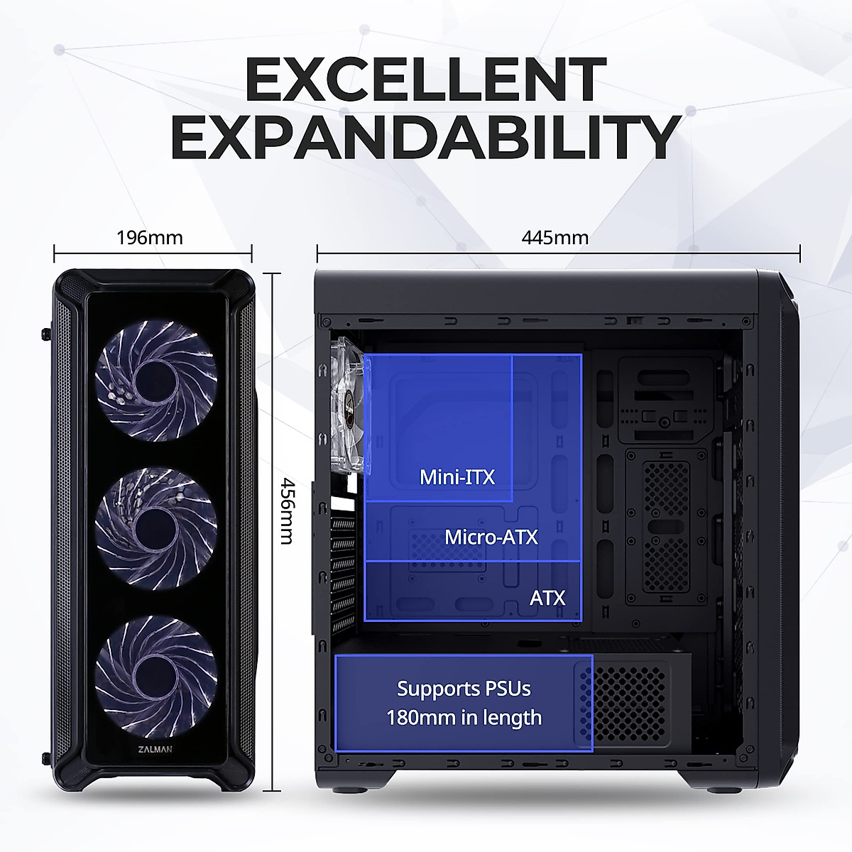 Zalman i3 Edge ATX Mid Tower Computer Case Gaming PC Case, Includes 4X 120mm White LED Fans, Acrylic Side Window, High Airflow Mesh Panel, USB 3.0,Black