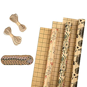 RUSPEPA Wrapping Paper Rolls with Tags and Jute String - 17 inches x 10 feet per Roll, Total of 3 Rolls, Flowers