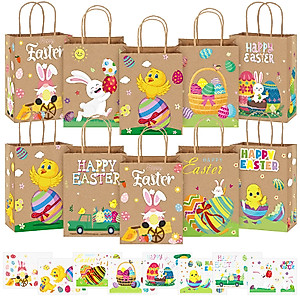 Aodaer 16 Pieces DIY Easter Kraft Paper Gift Bags with Handles Kraft Paper Treat Bags and 16 Sheets Cute DIY Stickers Bunny Chicks Easter Egg for Easter Decoration Party Favor Egg Hunt