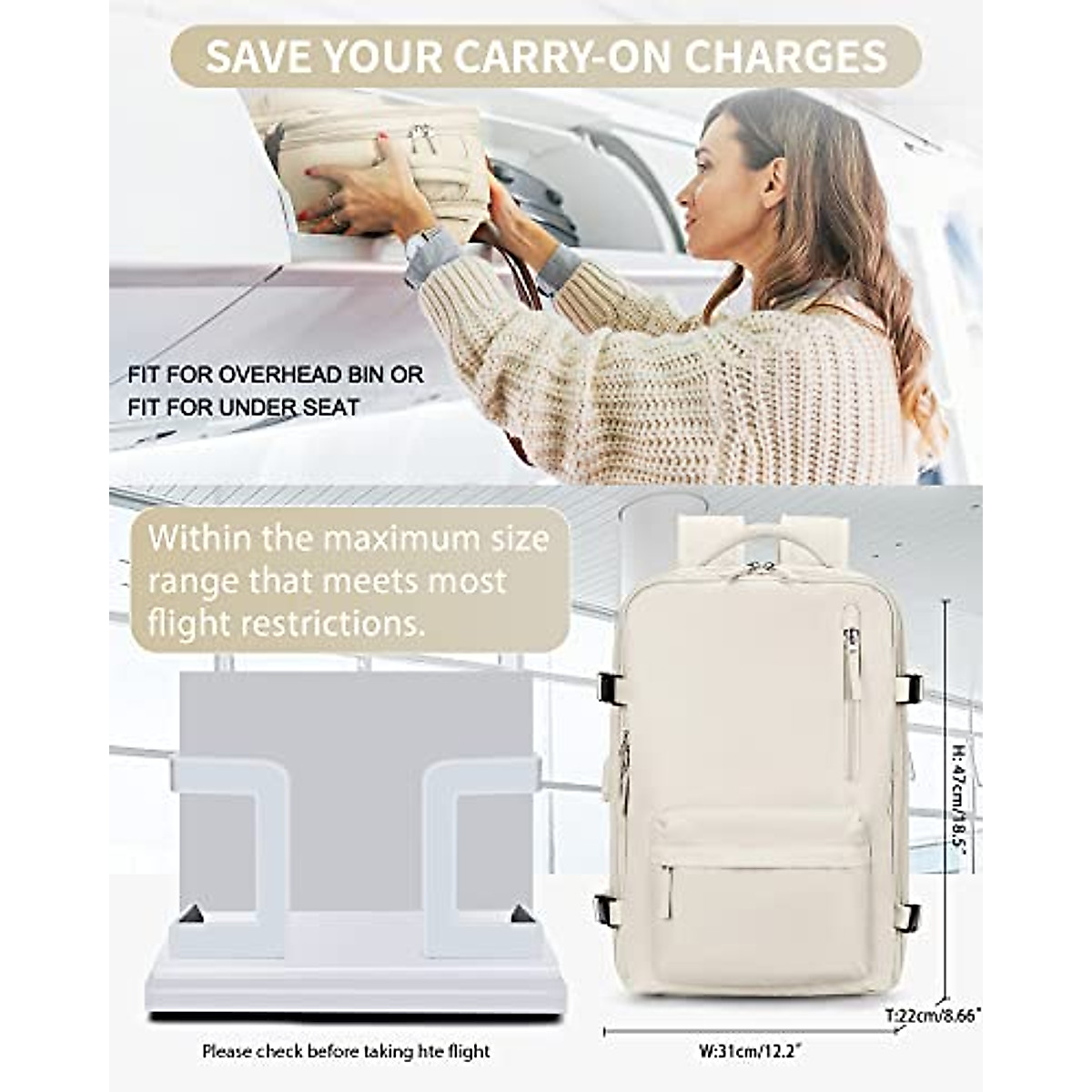 VECAVE Large Carry On Backpack for Women,Airline Approved Travel Backpack Flight Approved,Waterproof 15.6 Inch Laptop Backpack with Shoe Compartment Casual Daypack Backpacks Beige