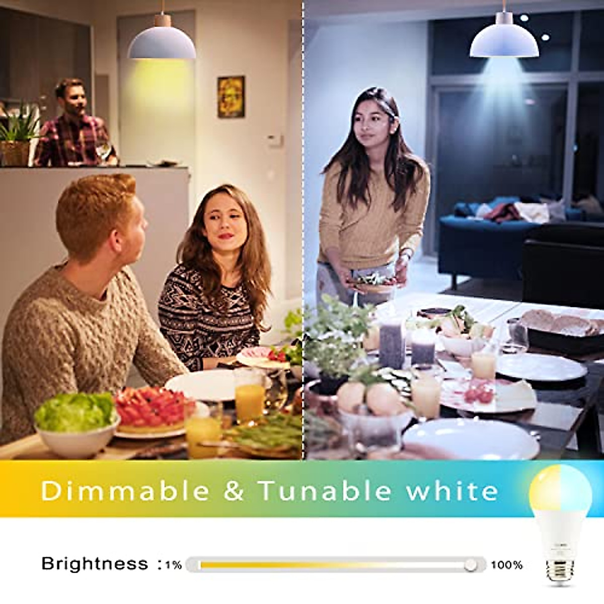 HVS Smart Light Bulbs,9W A19 E26 Dimmable Tunable Cool Warm White LED Light Bulb 2500k-6500k, APP Control 2.4GHz WiFi Bluetooth Assist Connection, Work with Alexa/Google Assistant 1 Pack