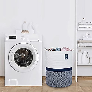 COMSE Extra Large Blanket Basket, Tall Storage Basket, 15.7”x 21.7”, Tall Rope Laundry Basket, Cotton Rope Basket, XXXL Laundry Basket, Toy Basket, Woven Basket, Clothes Baskets, Blend White/Navy Blue