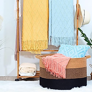 MINTWOOD Design Extra Large 22 x 14 Inches Blanket Basket Living Room, Laundry Basket, Woven Basket, Toy Storage Baskets Bin, Decorative Round Cotton Rope Basket for Pillows, Towels, Black Jute