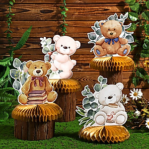 Kajaia 9 Pieces Bear Baby Shower Honeycomb Centerpieces Paper Bear Table Decorations Bear Baby Shower Decorations Table Toppers for Birthday Party Favors Supplies, 9 Styles