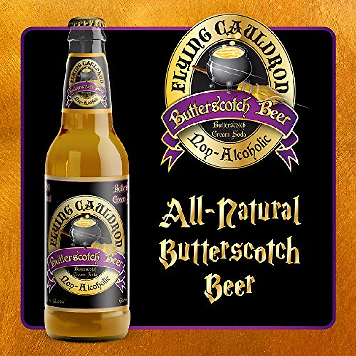 Flying Cauldron Butterscotch Beer (12 Fl Oz (Pack of 4)), Vanilla Cream Soda Brew, All- Natural, Non-Alcoholic and Caffeine free.