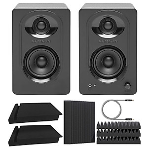 Samson MediaOne M30 3" Powered Studio Monitors with 3.5mm Outputs (Pair) Bundle with Blucoil Acoustic Isolation Pads (2-Pack), 12" Acoustic Wedges (4-Pack), and 5' Audio AUX Cable