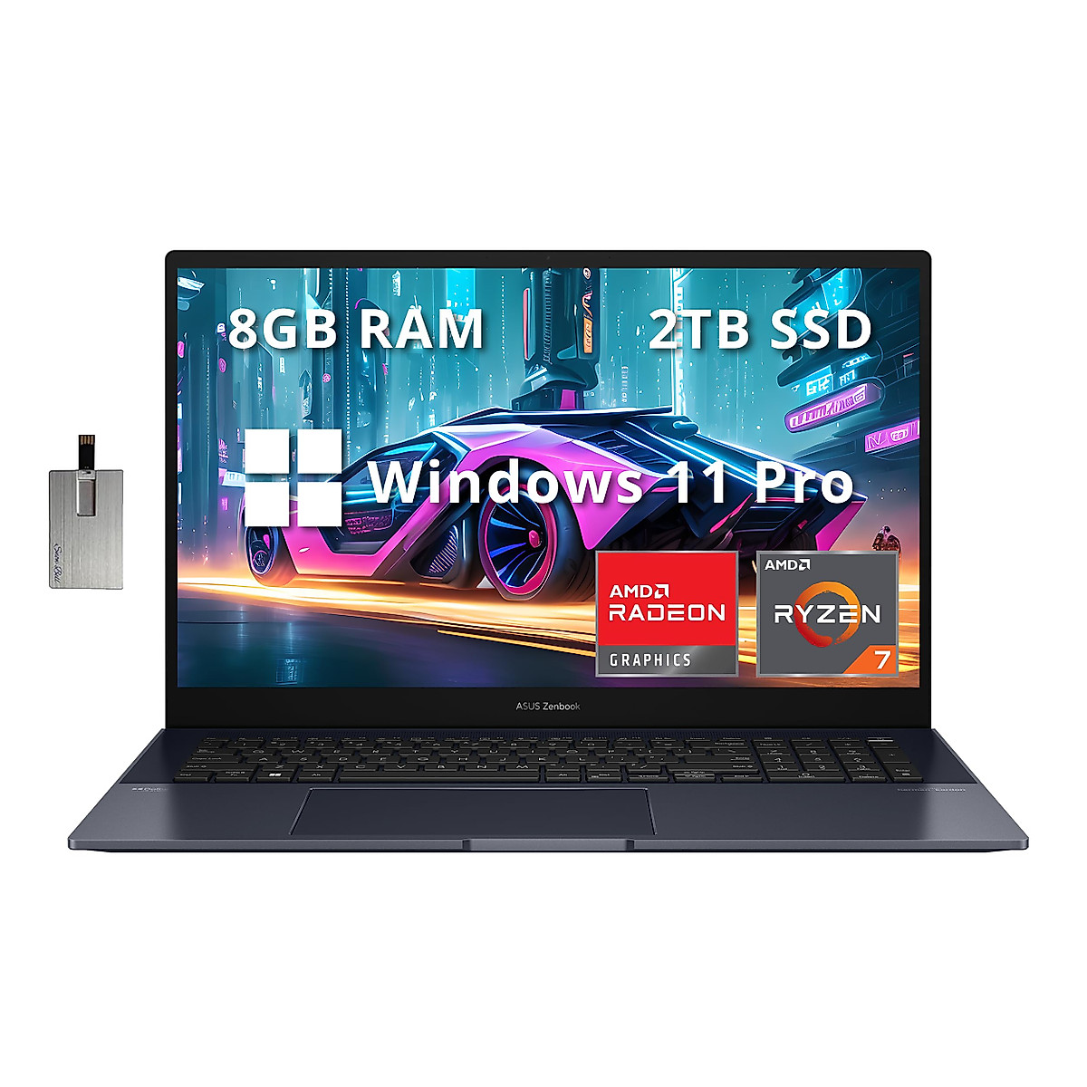 ASUS Zenbook Pro 17 Laptop, 17.3" Pantone Validated Display, AMD Ryzen 7 6800H, 8GB LPDDR5, 2TB PCIe SSD, Backlit Keyboard, WiFi 6E, Fingerprint, Win11 Pro, Tech Black, 32GB Hotface USB Card