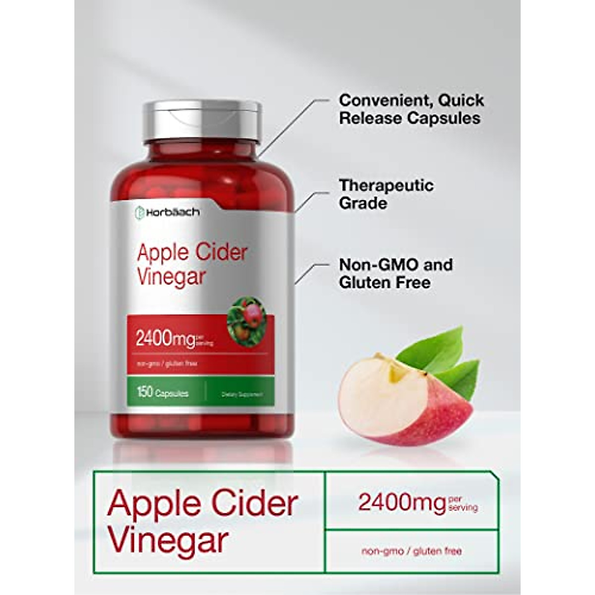 Horbäach Apple Cider Vinegar Capsules | 2400mg | 150 Count | Non-GMO, Gluten Free Supplement