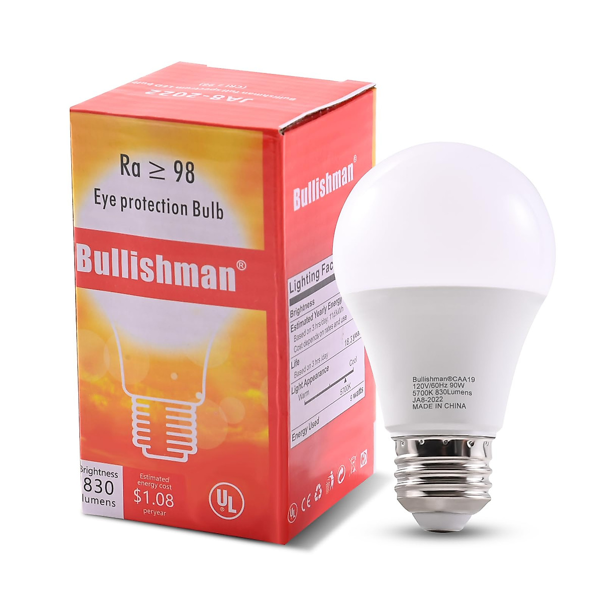 Full Spectrum Sun Light Bulb - A19 9W, Boosts Energy, Mood & Performance, Near-Perfect Color Rendering, Imitate Sunlight Indoors for a Happy Life, American Pry LED Beads,CRI of 98+, (5700K)