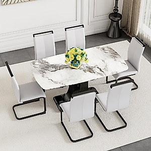 Pvillez 63" White Faux Marble Dining Table, Modern Kitchen Table for 4 6 People, Rectangular Dinner Room Table Marble Sintered Stone Top & Black Curved X Shape Pedestal Table for Dining Room Kitchen