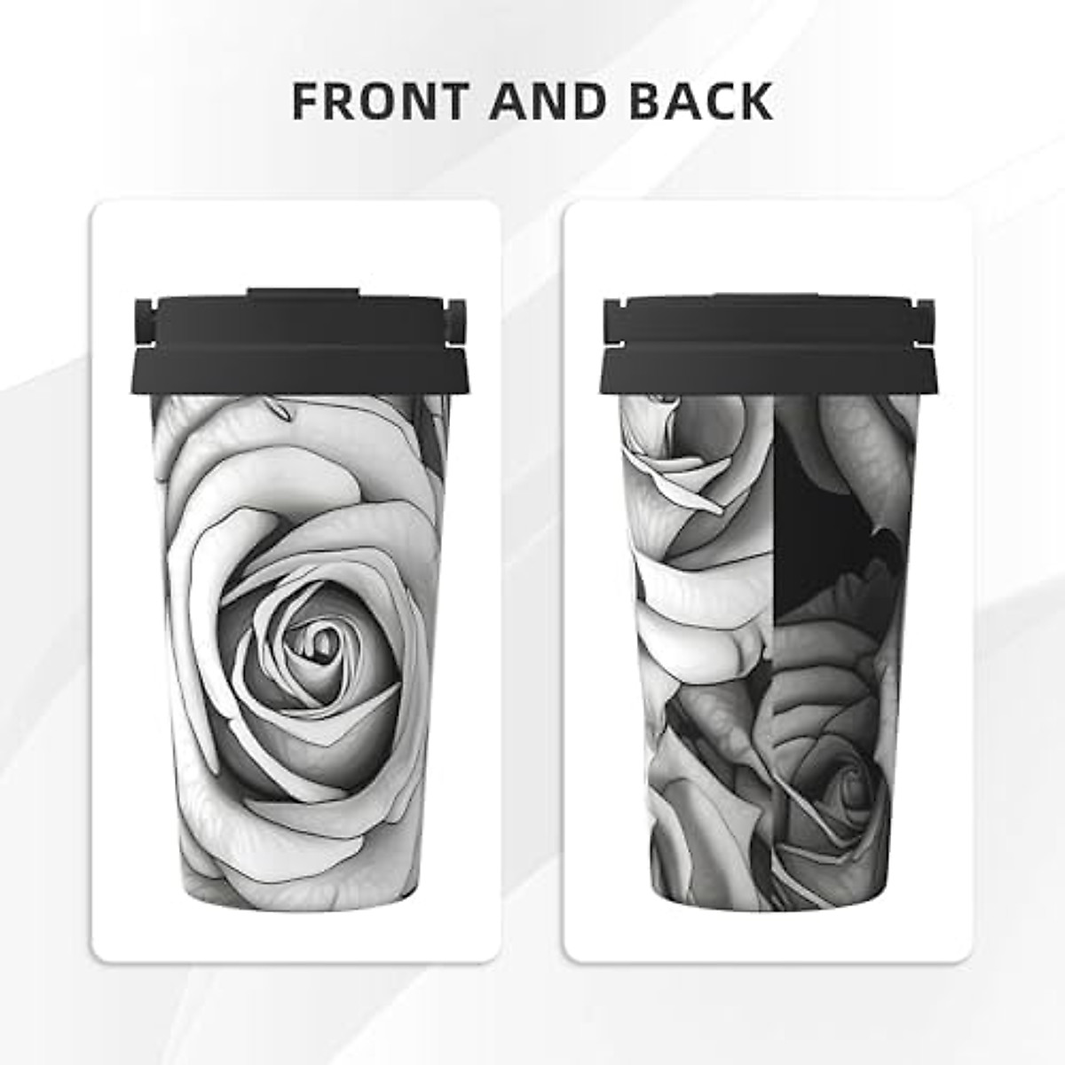 GTKSYNVE Reusable Coffee Mug with Lid and Handle, Black White Rose Tumbler for Hot & Cold Drinks 16oz Stainless Steel Insulated Coffee Tumblers Double Wall Vacuum Thermal Cup