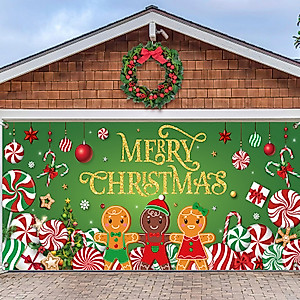 Christmas Candy Garage Door Decoration Merry Christmas Garage Door Banner Cover Peppermint Candy Cane Gingerbread Man Garage Backdrop for Xmas Eve Holiday Outdoor Wall Decor, 7 x 16 ft