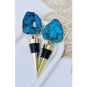 LUXE CRYSTAL CO. Handcrafted Teal Green Natural Crystal Geode Agate Druzy Gold Electroplated Crystal Wine Champagne Stopper Handmade Bottle Barware Housewarming Bridal Shower Gift