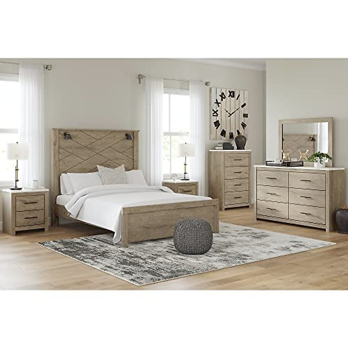 Signature Design by Ashley Senniberg Modern 2 Drawer Nightstand with Faux Marble Top, Light Brown & White
