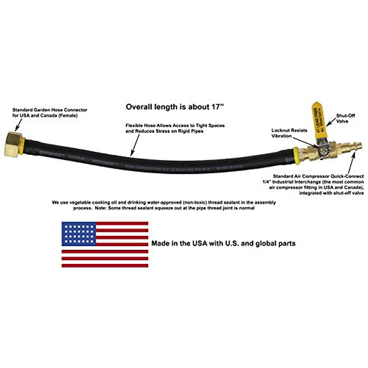 Winterize Sprinkler Systems and Outdoor Faucets: Air Compressor Quick-Connect Plug To Female Garden Hose Faucet Blow Out Adapter with Shut Off Valve (Lead-Free Brass), 17" Long