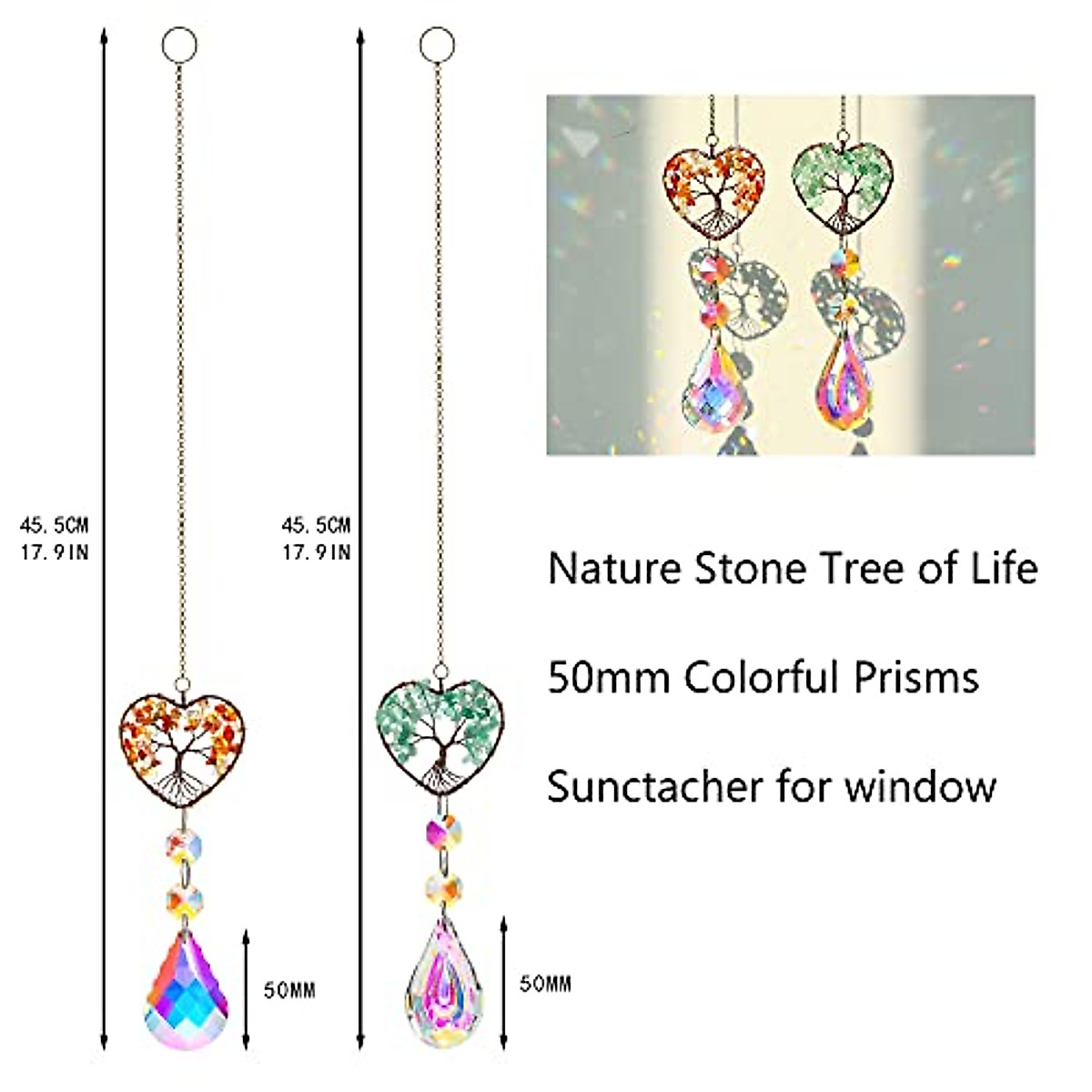 Pack 2 Crystal Prisms Suncatchers with The Tree of Life Ornaments Crystal Hanging Pendants Garden Sun Cather for Window Rainbow Decoration