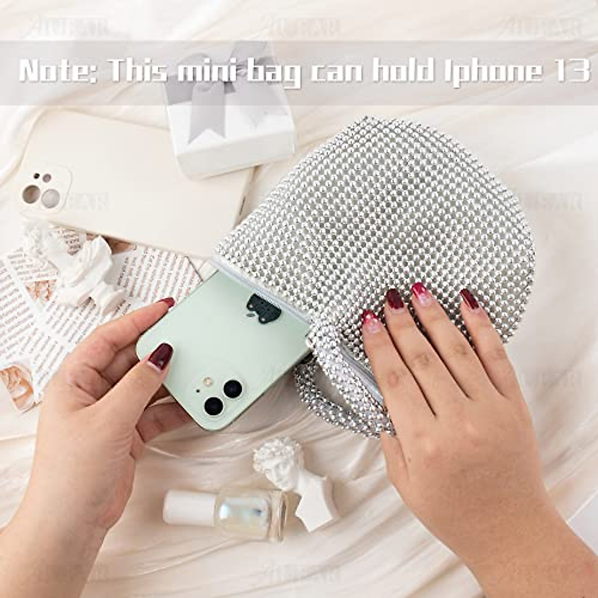 AUEAR, Triangle Bling Sequins Zipper Pouch Mini Size Women's Evening Clutch Bag Luxury Full Purse Sparkly Handbag for Prom Cocktail Party Wedding Engagement Silver