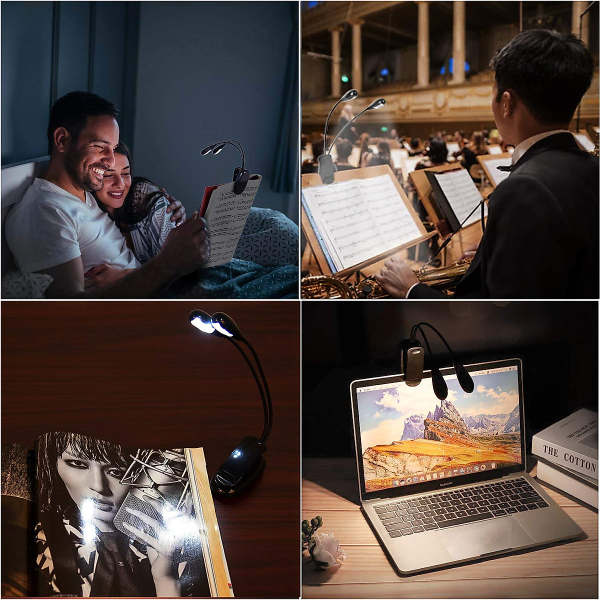 Music Stand Light, 1/2/4/10 Pack Clip on LED Book Lights, USB and AAA Battery Operated, Reading Lamp in Bed, 4 Brightness Levels, Ideal for Musician, Piano Player, Kids, Travel (Dual Arm)