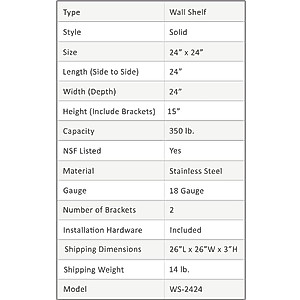 Express KitchQuip Stainless Steel Wall Shelf | Metal Shelving | Garage, Laundry, Storage, Utility Room | Restaurant, Commercial Kitchen | NSF Certified | (24” x 24”)