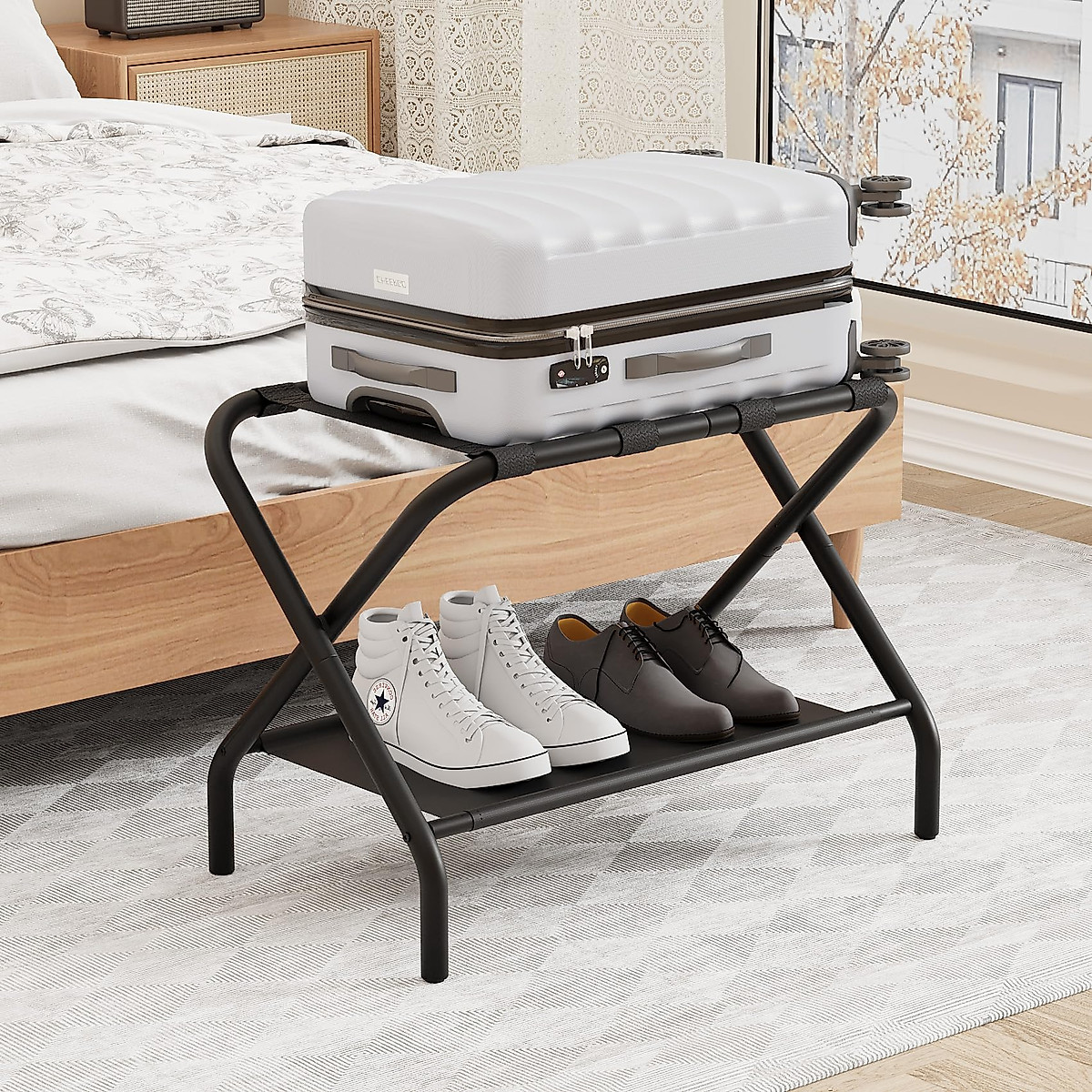 Smuxee Black Luggage Rack, Foldable Suitcase Stand with Fabric Storage Shelf, Luggage Holder with 4 Nylon Straps for Guest Room Bedroom Hotel