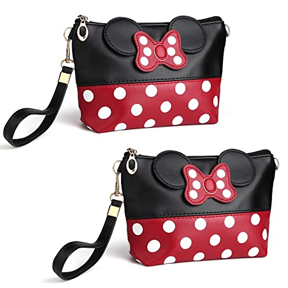 yiwoo 2 Pack Cosmetic Bag Mouse Ears Bag with Zipper,Cartoon Leather Travel Makeup Handbag with Bow-knot, Cute Portable Toiletry Pouch for Women Teen Girls Kids (Black)