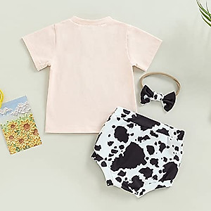 TheFound Summer Toddler Girls Clothes Short Sleeve Bull Print Tops Elastic Waist Short Headband Casual Cute Outfits (Beige, 12-18 Months)