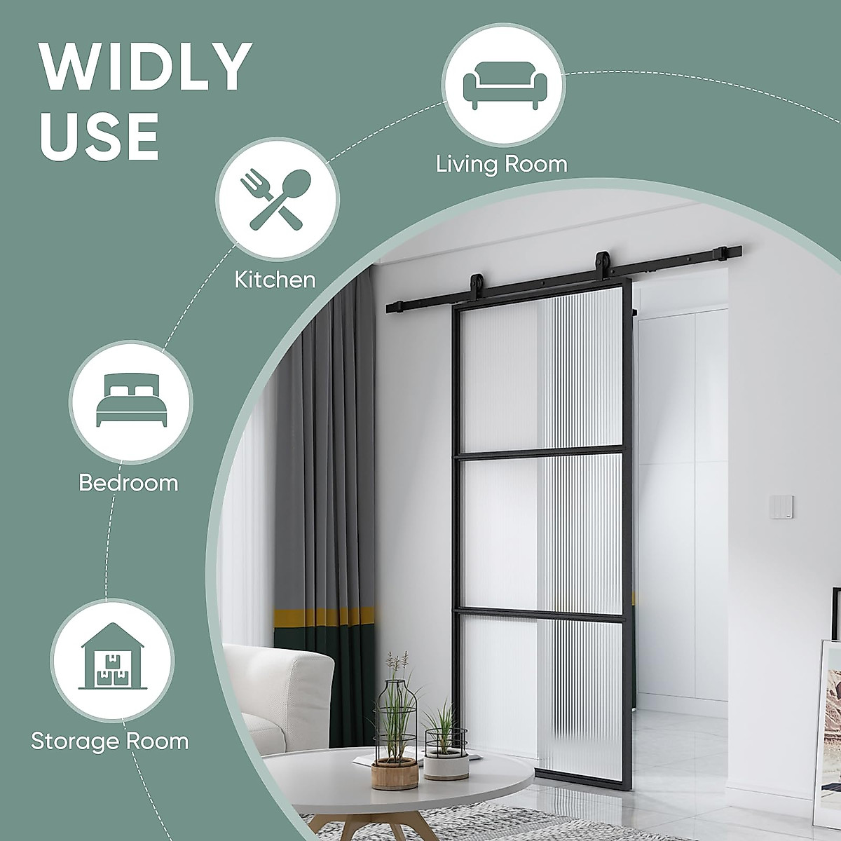 JUBEST Glass Barn Door 42in x 84in, Reeded Glass Carbon Steel Pre-Drilled Frame Sliding Barn Door Panel with 7FT Hardware Kit and Soft Close