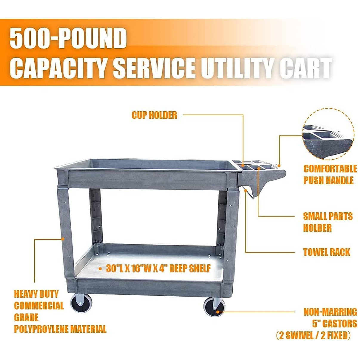 HPDMC 500 lbs Capacity Service Utility Cart, 30'' x 16''