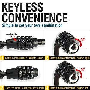 MARQUE Combination Bike Lock Cable- 3/8 inch (5FT, 10FT, 15FT, 25FT) Resettable Combination Lock, Anti-Theft Coiled Secutiry Cable for Bicycles, Kayaks, Paddle Boards, Gates&Outdoor Gear (10 FT)