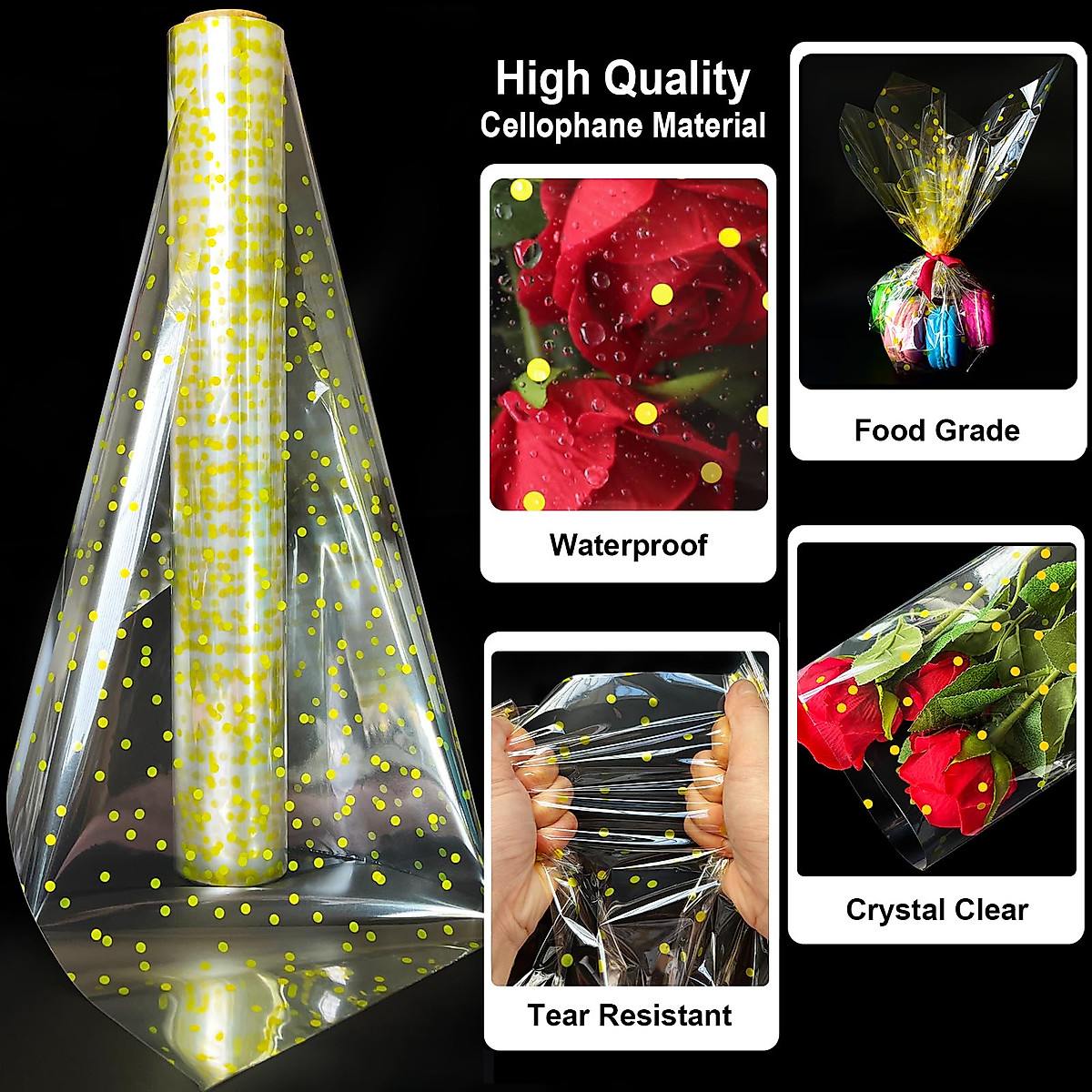 SYOGUA 100ft X 34in Extra Wide Clear Cellophane Wrap with Gold Polka Dots, Transparent Thicker Clear Cellophane Wrapping Paper, Clear Gift Wrap Cellophane Roll for Baskets, Treats, Holiday, Christmas Gifts