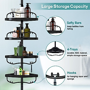 NEZHEIZERY Shower Caddy Tension Pole, Quick Installation Rustproof Corner Shower Caddy 56-125 Inch Adjustable Bathroom Organizer, 4 Tiers Plastic Shelves for Shampoo Storage