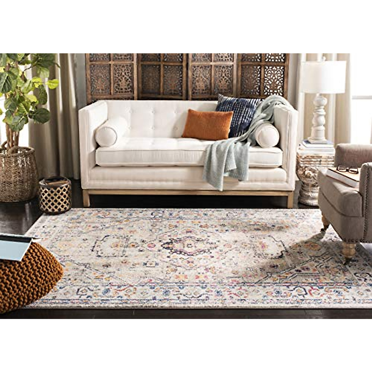 SAFAVIEH Madison Collection 6' x 9' Grey/Blue MAD468F Boho Chic Medallion Distressed Non-Shedding Living Room Bedroom Dining Home Office Area Rug