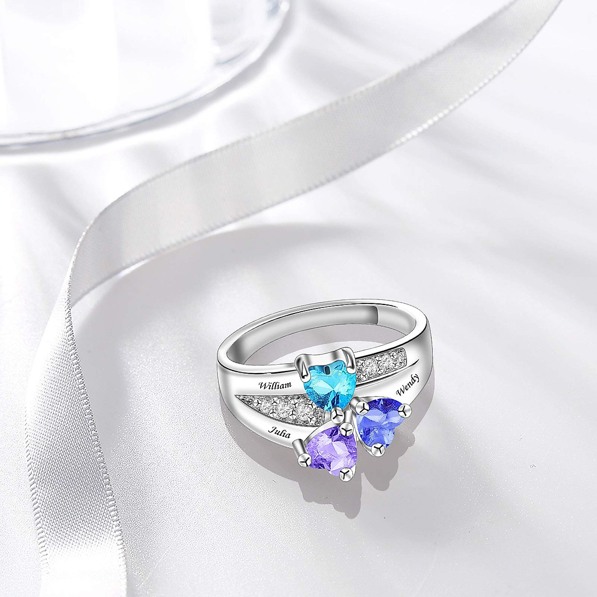 MissNaNa Personalized Mother Ring with 2 to 8 Birthstones & Names Family Ring Custom Anniversary Rings for Women Mother Grandma Mother's Day (3 Names)