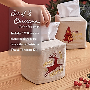 Christmas Linen Tissue Box Cover - Square Embroidered Gifts Boho Cube Holder for Bathroom Rectangle Cover Set Merry Xmas