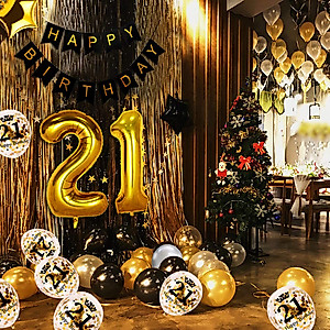 MOVINPE 21st Black Gold Birthday Party Decoration, Happy Birthday Banner, Jumbo Number 21 Foil Balloon, 2 Fringe Curtain, Latex Confetti Balloon, Table Confetti for Boy Girl Men Women Anniversary