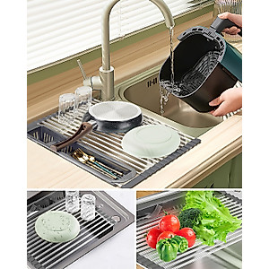 CLNGAI Roll Up Dish Drying Rack,Expandable Over The Sink Dish Drainer,Stainless Steel Kitchen Rolling Sink Rack with Utensil Holder,Length Up to 22.3" (Grey)