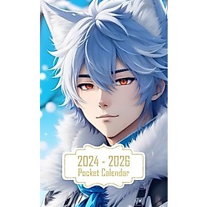 Pocket Calendar 2024-2026: Two-Year Monthly Planner for Purse , 36 Months from January 2024 to December 2026 | Male anime character | Wolf with winter coat
