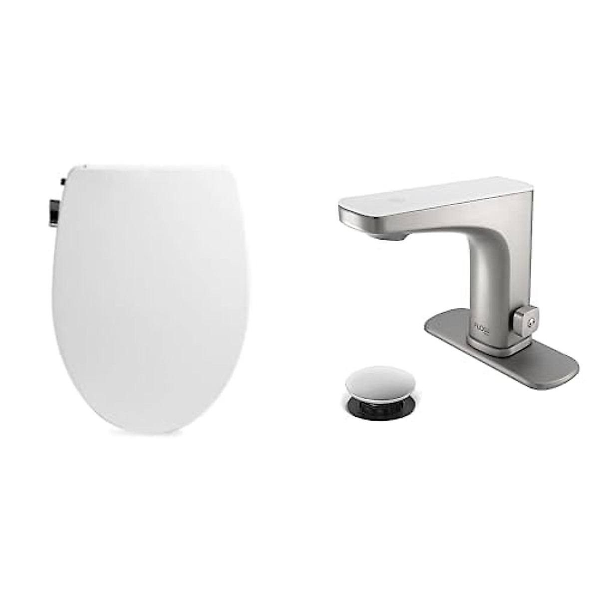 Bathroom Refresh Bundle Includes (1) Bio Bidet by Bemis Slim Zero Bidet Toilet Seat, Round, White and (1) Grove Motion Activated Hands Free Bathroom Faucet in Brushed Nickel Finish
