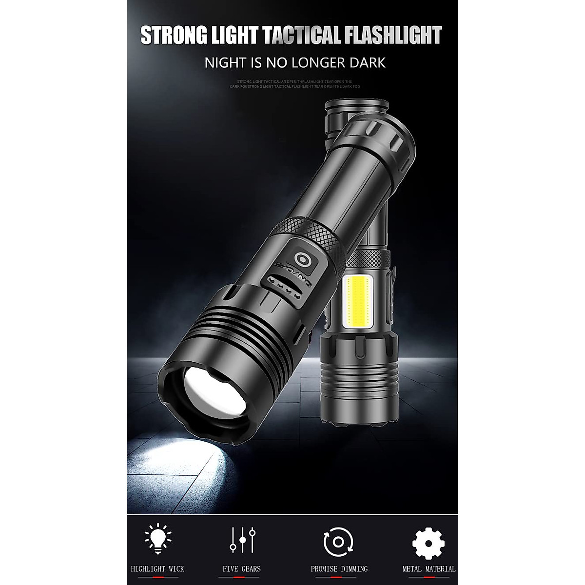 Xkravo LED Handheld Flashlights, 1800 Lumens 7 Light Modes with COB Work Light, Super Bright Rechargeable Zoomable Waterproof Tactical Flashlight with Battery for Emergency, Outdoor, Home, Camping
