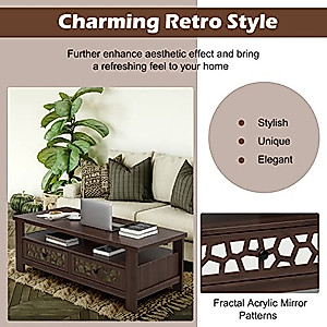 Giantex 3-Tier Coffee Table, 47" Rectangular Center Table w/Acrylic Mirror Design, Wooden Table w/Large Tabletop, Open Shelf, 2 Drawers & 5 Support Legs, Accent Living Room Furniture (Brown)