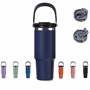 Insulated Straw Mug, 30 oz Anti-Leak Tumbler with 3-Way Lid: Sip, Straw, or Pour - Stainless Steel Travel Coffee Mug Fit Cupholder with Easy-to-carry Handle (Navy)