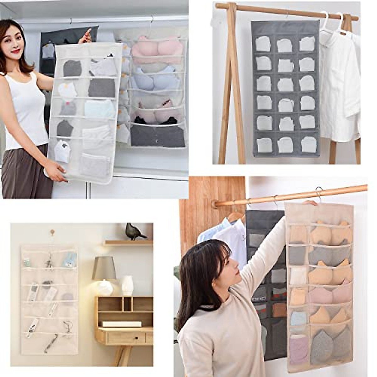 Anller Hanging Mesh Pockets, Dual Sided Wall Shelf Wardrobe Storage Bags, Closet Hanging Shelves with Rotating Metal Hanger, for Bra Socks Underwear Underpants, 2 Pack