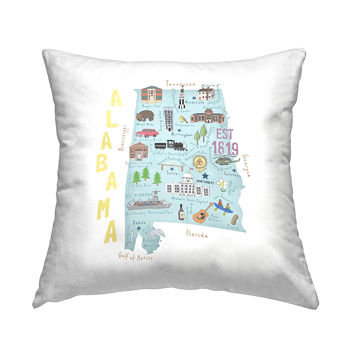Stupell Industries Alabama Landmarks Map USA State Design by Carla Daly Throw Pillow, 18 x 18, Multi-Color