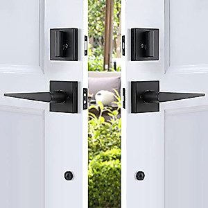 GUA OYH Double Front Door Handle Matte Black Double Door Lock Keyed Dummy Door Lock Set with Handle Lever for Front Door or Office Door (L361516-B-S118)