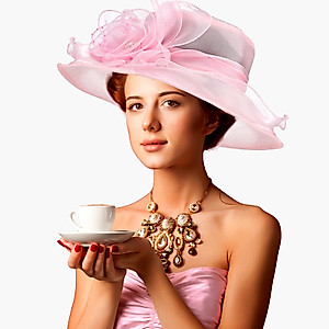 Breathffy 4 Pcs Derby Hats Women Organza Church Fascinator Bridal Flower Hat Wide Brim White Church Hat for Derby Day Wedding Tea Cocktail Party Sun, Beige Red White Pink